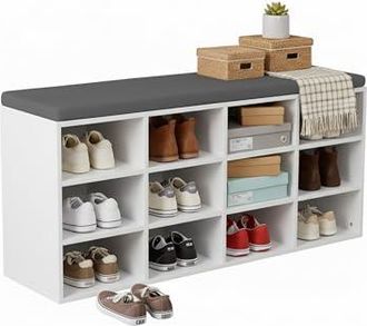 Relaxdays Schuhbank, Sitzkissen & 12 Fächer, Flur, Garderobe, Schlafzimmer, Schuhregal, Schuhaufbewahrung, weiß/grau