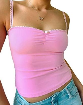 Onsoyours Top Femme Haut Court Dos Nu T-Shirt Sexy Bretelles Débardeur sans Manches Y2K Crop Top Bustier Imprimé Fleurs Haut Streetwear Été C Rose L