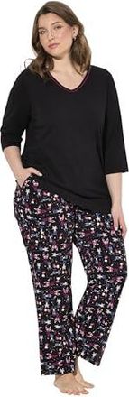 Ulla Popken Pyjama, Katzen, V-Ausschnitt, 3/4-arm, Taschen Ensemble de Pijama, Noir, 50-52 Femmes