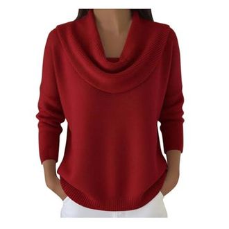 Generic Pull à col bénitier à manches longues pour femme - Tendance - Décontracté - Ample - Confortable - Polyvalent - Uni - Pull en tricot ras du cou, Rouge-
