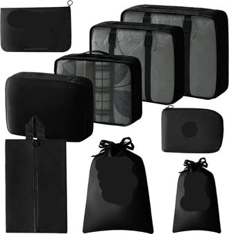 Generic 9-teiliges Set, tragbare Mesh-Daten-Gep&auml;ckaufbewahrungstasche, Unterw&auml;sche-Kleider-Organizer mit Schuhen, Kabeltaschen, Reiseverpackungsw&uuml;rfel(Black)