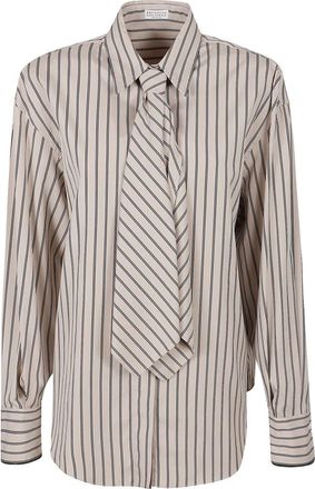 Brunello Cucinelli Femme, Blouses et Chemises, Beige, Taille: 40 FR Chemise &agrave; fines rayures avec ourlet incurv&eacute;