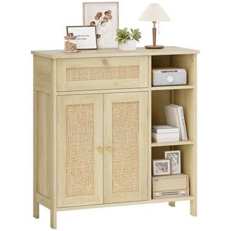 HOMCOM Buffet Salon, Meuble de Rangement avec 2 Portes en rotin, tiroir, Compartiments Ouverts et étagères réglables, Style bohème, Buffet Salle à Manger et 