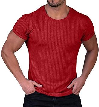 Generic T-shirt &agrave; rayures basiques pour hommes d&eacute;t&eacute; &agrave; rayures verticales couleur unie col rond fitness course &agrave; pied t-shirt &agrave; manches courtes, Rouge, 3XL