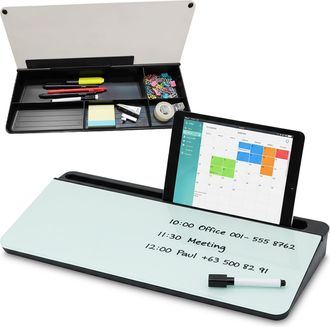 Relaxdays Schreibtisch Organizer mit Whiteboard, 5 Fächer, Kunststoff, Glas, HBT: 5,5x40x18 cm, Büro-Organizer, schwarz