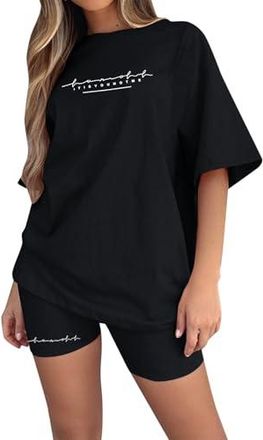 Generic Ensemble 2 pi&egrave;ces pour femme - T-shirt surdimensionn&eacute; - Short de motard - Style d&eacute;contract&eacute; - Tenue de sport - Essentiel pour les vacances d&eacute;t&eacute;, Noir,