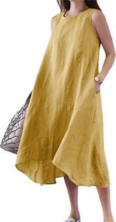 ORANDESIGNE Robe en Lin pour Femme Ete Manche Courte Robe Tunique Chic Col Rond Décontractée Ample Couleur Unie T-Shirt Robes Robe Midi Plage Robe Trapèze D Jaune