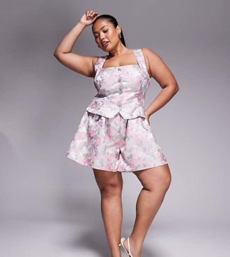 Asos Curve - Playsuit aus Jacquard mit verzierten Knöpfen-Rosa
