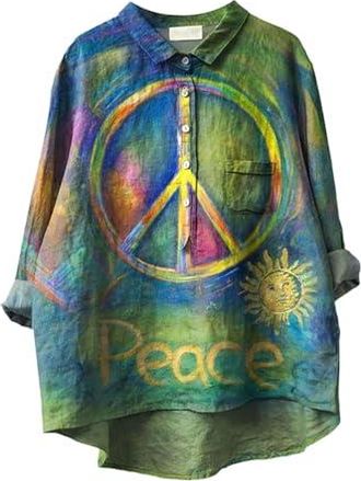 Generic Blouse Chemise d&eacute;contract&eacute;e en Coton et Lin Peace and Love Vintage Art Print Tunique Manches Longues pour Femmes (Green, XXXXL)