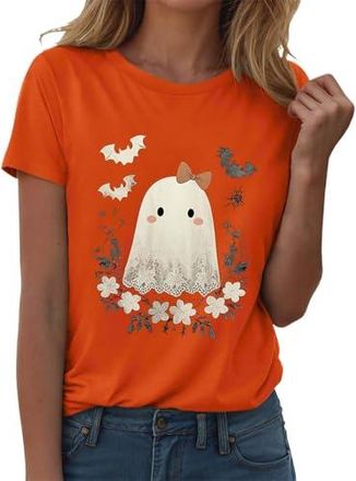 Generic Tee Shirt dhalloween pour Femme Motif Imprimé Fantôme Humour Citrouille T-Shirt À Manches Courtes Chemises Col Rond Tenues De Halloween Femme Léger Fl