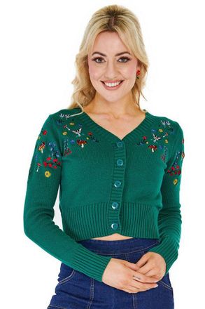 Voodoo Vixen Strickjacke Woodland Embroidery Cropped Cardigan Gr&uuml;n Retro Vintage
