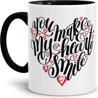 Tassendruck Spruch-Tasse You make my Heart Smile Kaffeetasse/Mug/Cup / - Qualität made in Germany Innen/Henkel Schwarz