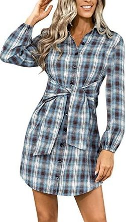 Generic Robes amincissantes &agrave; carreaux pour femmes, robe d&eacute;contract&eacute;e &agrave; lacets, coupe ajust&eacute;e, 2026, bleu, M
