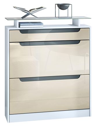 Vladon Schuhschrank Fiesta, Weiß matt/Creme Hochglanz/Grau Hochglanz Schuhkipper für 16 Paar Schuhe mit 2 Klappen (89 x 104 x 23 cm)