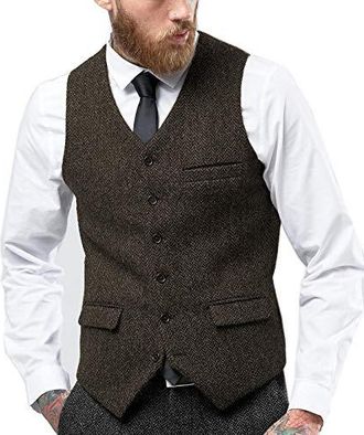 Solovedress Gilet Costume Homme Vintage Sans Manche Mariage Tweed Col V Chevrons(Café, XL)