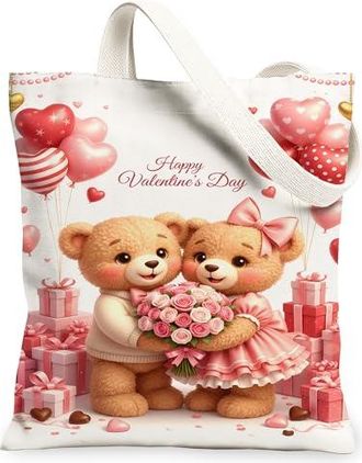 Generic Sacs fourre-tout r&eacute;utilisables en toile avec motif animal mignon et bandouli&egrave;re lavable pour la Saint Valentin, blanc, 13x15 Inch