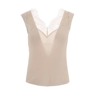 Patrizia Pepe Femme, Blouses et Chemises, Beige, Taille: 38 FR Top avec Bordure en Dentelle