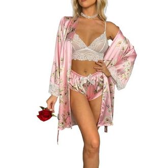 Generic Ensemble Peignoir Femme Satin Col V Manches Longues Dentelle Imprimé Ceinture avec Pantalon