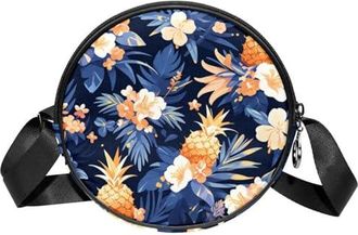 Generic Sac &agrave; bandouli&egrave;re rond pour femme, motif fleurs dananas avec fermeture &eacute;clair, bretelles r&eacute;glables, sac &agrave; main rond d&eacute;contract&eacute; pour femmes et filles