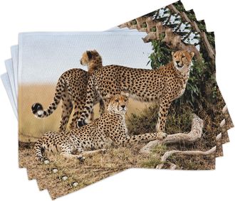 Abakuhaus Afrika Platzmatten, Safari-Tier Cheetahs, Waschbare Stoff Esszimmer Küche Tischdekorations Digitaldruck, Tan