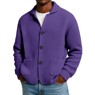 Generic Cardigan en tricot &eacute;pais pour homme avec col en V boutonn&eacute; et col ch&acirc;le gaufr&eacute; en coton tricot&eacute; &agrave; revers &eacute;pais - Pull &agrave; manches longues de couleur uni