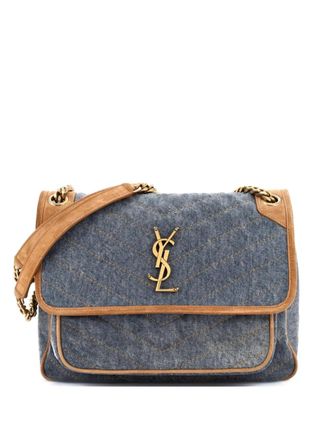 Saint Laurent Mittelgro&szlig;e Niki Chain Flap Matelasse Chevron Schultertasche aus Denim mit Wildleder - Blau