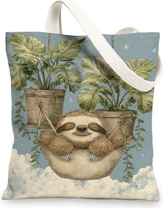 Generic Sac fourre-tout en toile motif paresseux - Réutilisables - Motif animal mignon - Légers et lavables - Avec bandoulière, bleu, 13x15 Inch