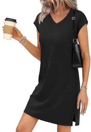 Generic Robe d&eacute;t&eacute; d&eacute;contract&eacute;e pour femme avec col en V et manches courtes &agrave; volants, poches infroissables, pour la plage, les vacances, le travail, Noir, XL