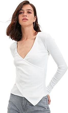 Trendyol Woman Fitted Bodycon V Neck Knit Blouse Chemise, Ecru, L Femme