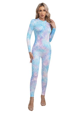 TiaoBug Damen Meerjungfrau Badeanzug Wetlook Bademode Fisch Schuppen Print Langarm Body Tops Sexy Jumpsuit Overalls Einteiler Reizwäsche Typ I S