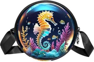 Generic Petit sac &agrave; bandouli&egrave;re rond pour femme, hippocampe avec boule de cristal, sac &agrave; dos &agrave; bandouli&egrave;re r&eacute;glable avec fermeture &eacute;clair, sac &agrave; main rond d&eacute;c