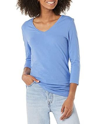 Amazon Essentials T-Shirt à Manches 3/4, Col en V, Coupe Classique (Disponible en Grande Taille) Femme, Bleu, S