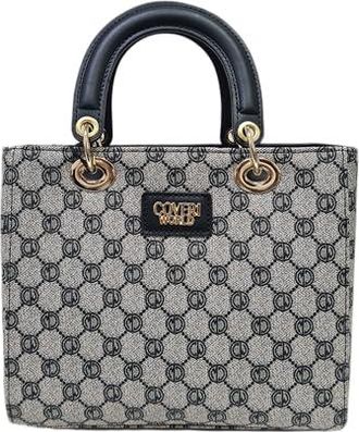 Coveri Collection Sac élégant pour femme avec logo imprimé, cuir synthétique, 23 x 11 x 20 cm, poignées doubles et bandoulière amovible, noir/khaki/marron, noir/noir