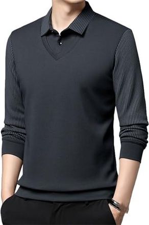 Generic Chemise deux pièces à revers rayé pour homme - Col en V - Manches longues - Pull à rayures contrastées - Pour lautomne et lhiver, gris, M