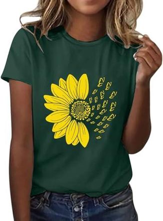 Generic T-shirt blanc sexy pour femme avec motif de tournesol et papillon à manches courtes, col rond, haut tendance, léger, doux, décontracté, vêtements dété