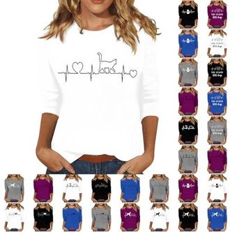 Generic HUIFUAO T-Shirts à Manches 3/4 pour Femmes, imprimé Chat Mignon, coeur, t-Shirt surdimensionné, Blanc, Haut Basique à col Ras du Cou, A01 Blanc, XXL