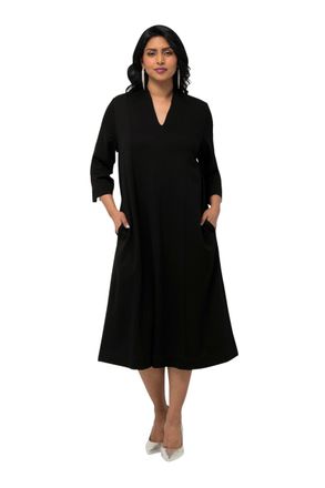 Ulla Popken Damen gro&szlig;e Gr&ouml;&szlig;en &Uuml;bergr&ouml;&szlig;en Plus Size Midi-Puntokleid, Kelchkragen, V-Ausschnitt, 3/4-Arm