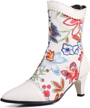 Generic Bottes Mi - Mollet Femme Bout Pointu Broderie Florale Garniture Écaillée Talons Aiguilles Zip Robe De Soirée Fête Prom Bottes,White Thick Fleece,42 EU