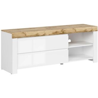 PEGANE Meuble TV avec 2 tiroirs,coloris Blanc/Ch&ecirc;ne wotan - Longueur 156 x Profondeur 42 x Hauteur 60,5 cm