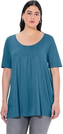 Ulla Popken Femme Grandes Tailles T-Shirt en Modal. Plis Fantaisie, col Rond et Manches Courtes. Coupe &eacute;vas&eacute;e Bleu Jean 54+ 796473721-54+