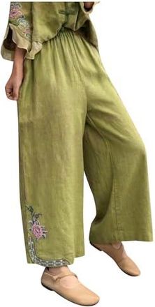 Generic Pantalon Femme Taille Elastique Printemps &Eacute;t&eacute; Style Ethnique Brod&eacute; Coton Et Lin Pantalons D&eacute;contract&eacute;s Pantalon R&eacute;tro Large Grande Taille Femmes
