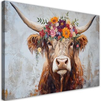 Feeby Wandbild - Wohnzimmer Modern Deko - Schottische Kuh Blume gemalt - 30x20 cm 1tlg - Bilder Leinwand - Bild auf Leinwand Schlafzimmer - Leinwandbilder f
