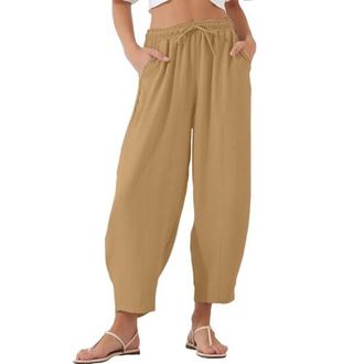 Generic Pantalon en coton et lin pour femme - Jambe large - Pantalon de plage d&eacute;t&eacute; confortable - Pantalon de yoga Palazzo - XIYU26064, kaki, 3XL