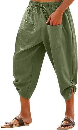 Generic Short de plage en coton et lin pour homme - Taille &eacute;lastique - Confortable - Respirant - D&eacute;contract&eacute; - Vacances, Vert, XXL