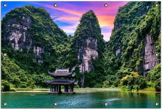 Wallario Outdoor-Poster f&uuml;r Garten oder Balkon Pavillon zwischen Felsen, Motivbanner Gr&ouml;&szlig;e: ca. 80 x 120 cm, Outdoor-Bild