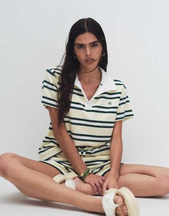 4th & Reckless Ensemble en tissu &eacute;ponge &agrave; rayures avec polo &agrave; col et short - Jaune