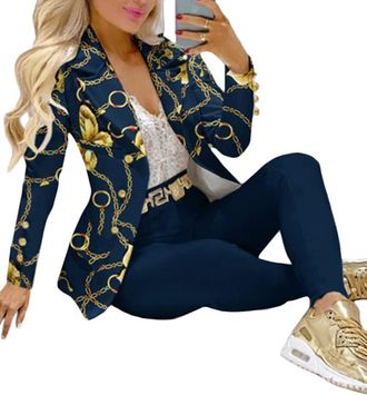 ORANDESIGNE Damen Hosenanzüge Elegant Business Anzug Set Hosenanzug Blazer Hose 2-teilig Anzug Karo Kariert Zweiteiler Slimfit Streetwear A Navy Blau XL