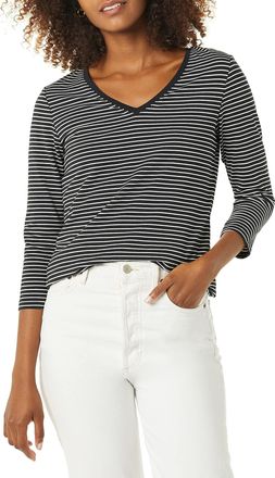 Amazon Essentials Damen-T-Shirt mit 3/4-Ärmeln, V-Ausschnitt (erhältlich in Übergröße), Schwarz/Weiß gestreift, Größe XS