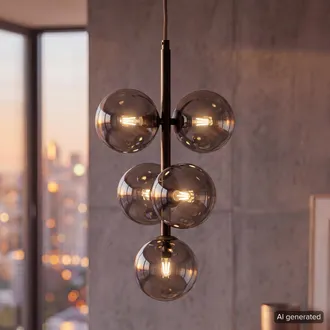 Loistaa home24 Pendelleuchte 5-flammig 28 x 167 x 28cm Grau/Metall Grau gl&auml;nzend/Rauchglas Material: Glas, Metall LED G9