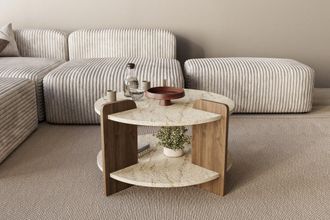 Moebel17 Moderner Couchtisch 70&times;45 cm | Travertin-Optik Tischplatte + Seitenpaneele in Holzoptik | Runder Design Wohnzimmertisch | Couchtisch mit Stauraum (2 E